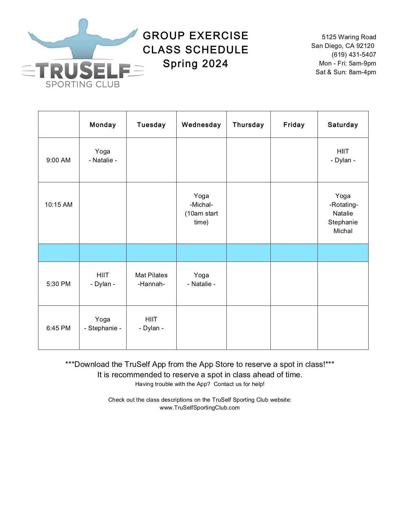 Summer Group Exercise Class Schedule TruSelf Sporting Club San Diego ...